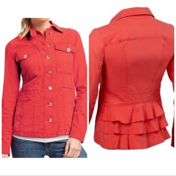 CAbi | Jackets & Coats | Cabi Taylor Utility Jacket Red Denim Ruffled ...